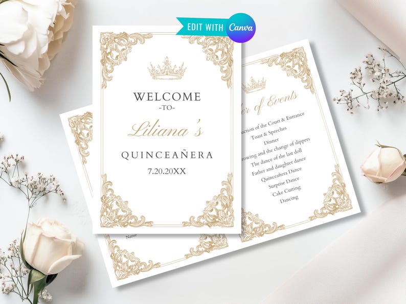 Editable Quinceañera Program Template Printable Elegant Gold Bi-fold ...