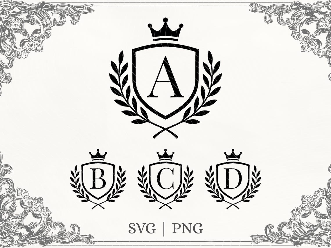 Floral Laurel Monogram Letters SVG | Ornate Shield Initials for Wedding ...