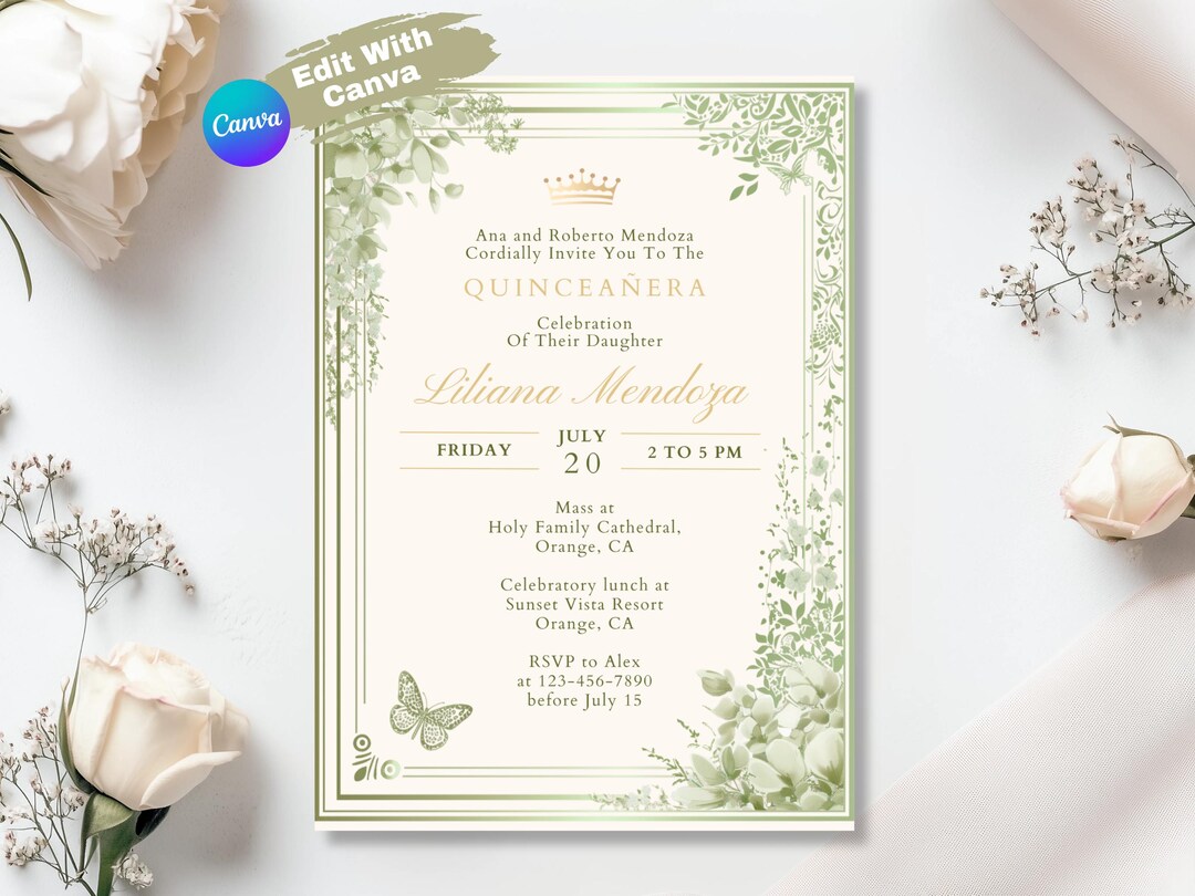 Editable Quinceañera Invitation Template Emerald Green Floral Sweet 15 ...