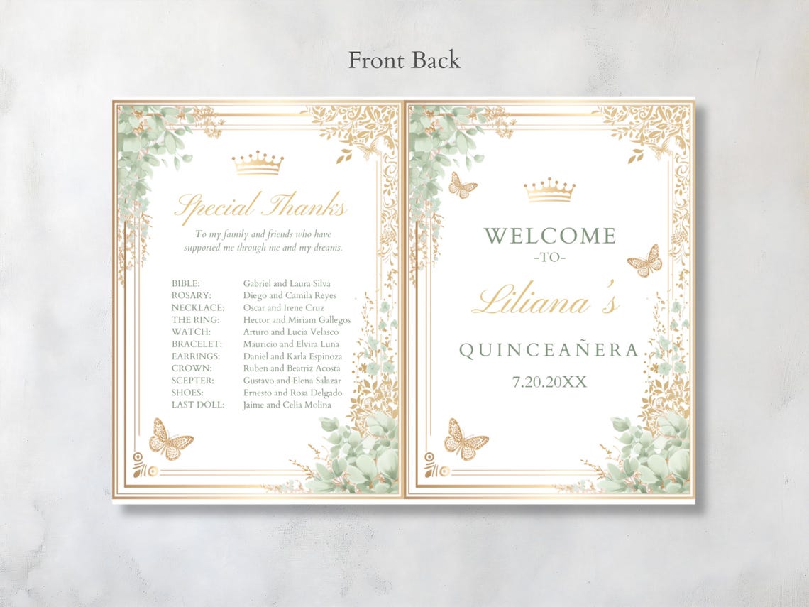 Editable Quinceañera Program Template Bi-fold Sage Green Elegant Party ...