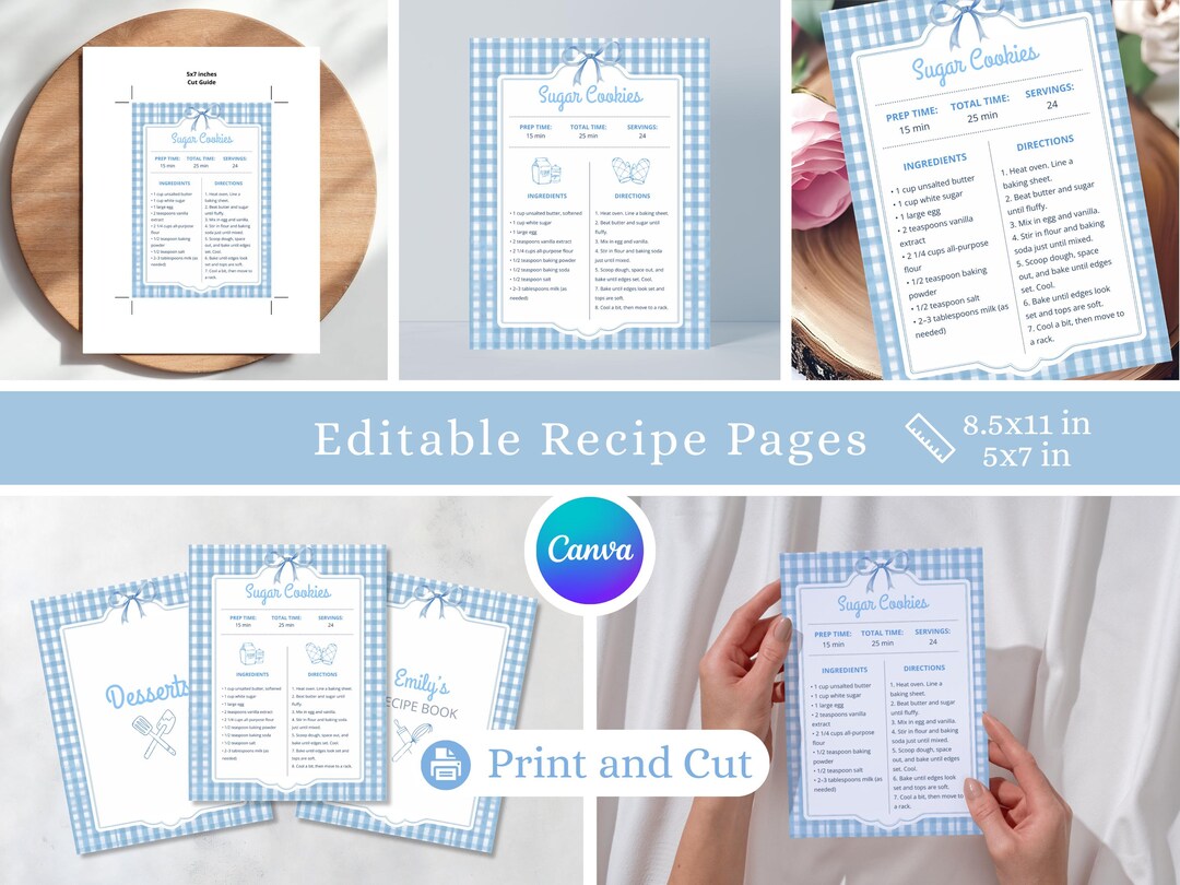 Editable Recipe Template Printable Baby Blue Gingham Recipe Page ...