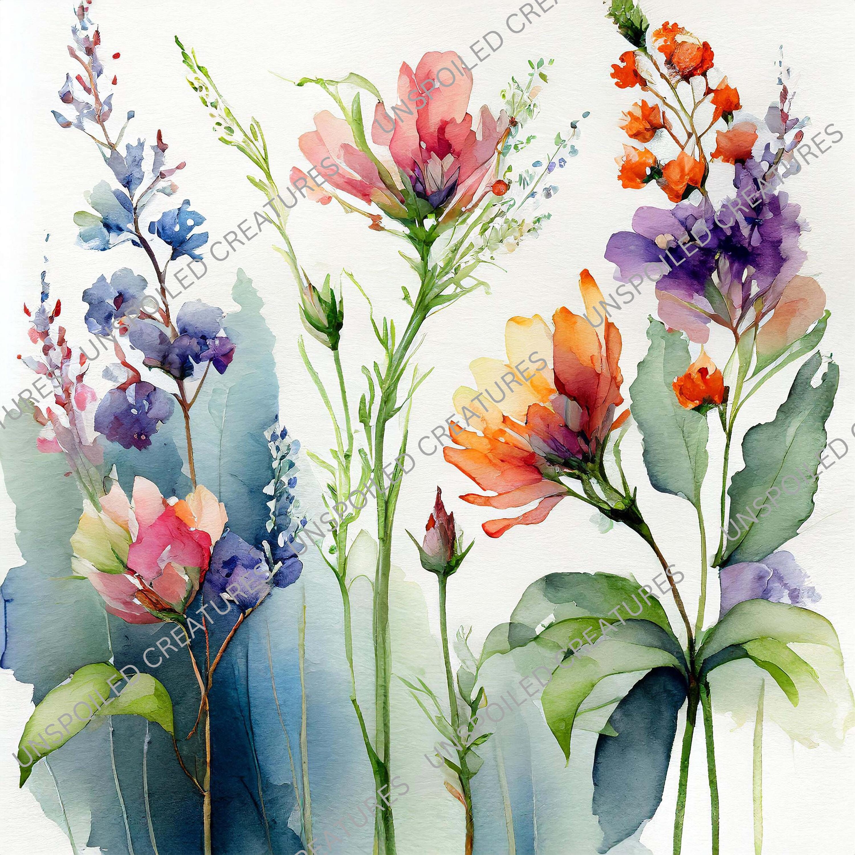 Set of 2 Watercolor Wildflowers Printable Wall Art, Hi-res PNG/JPEG ...