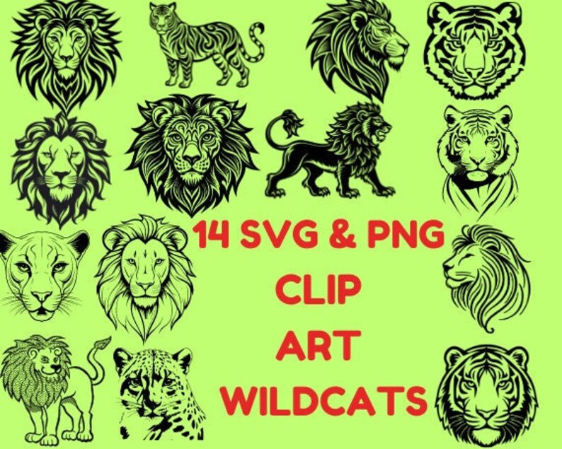 14 SVG&PNG Wild Cat Clip Art Files, 300 DPI Variety Pack, Unspoiled ...