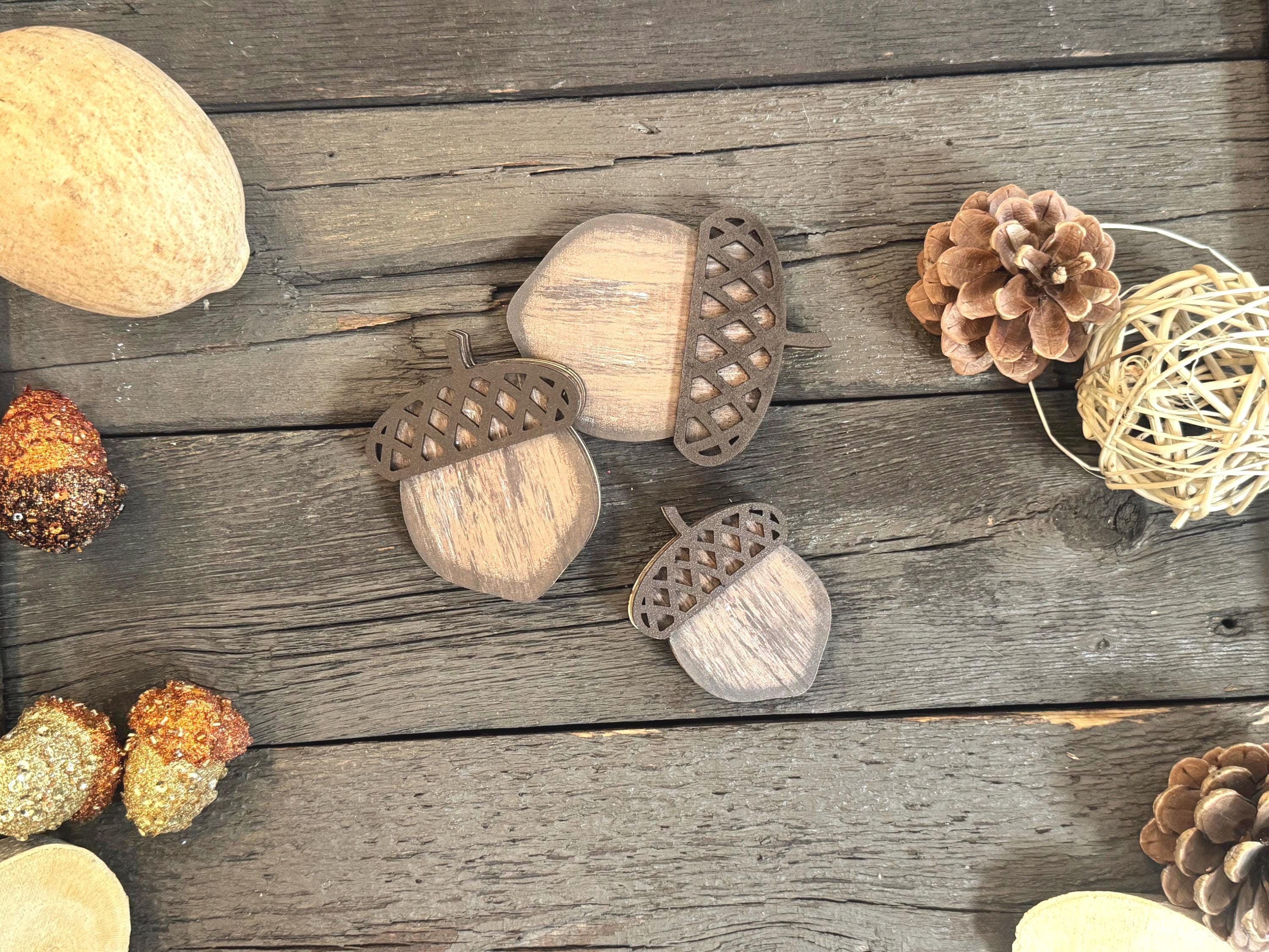 Set of 3 Wooden Acorn Decorations, Fall Acorn Shelf Sitters, Rustic ...