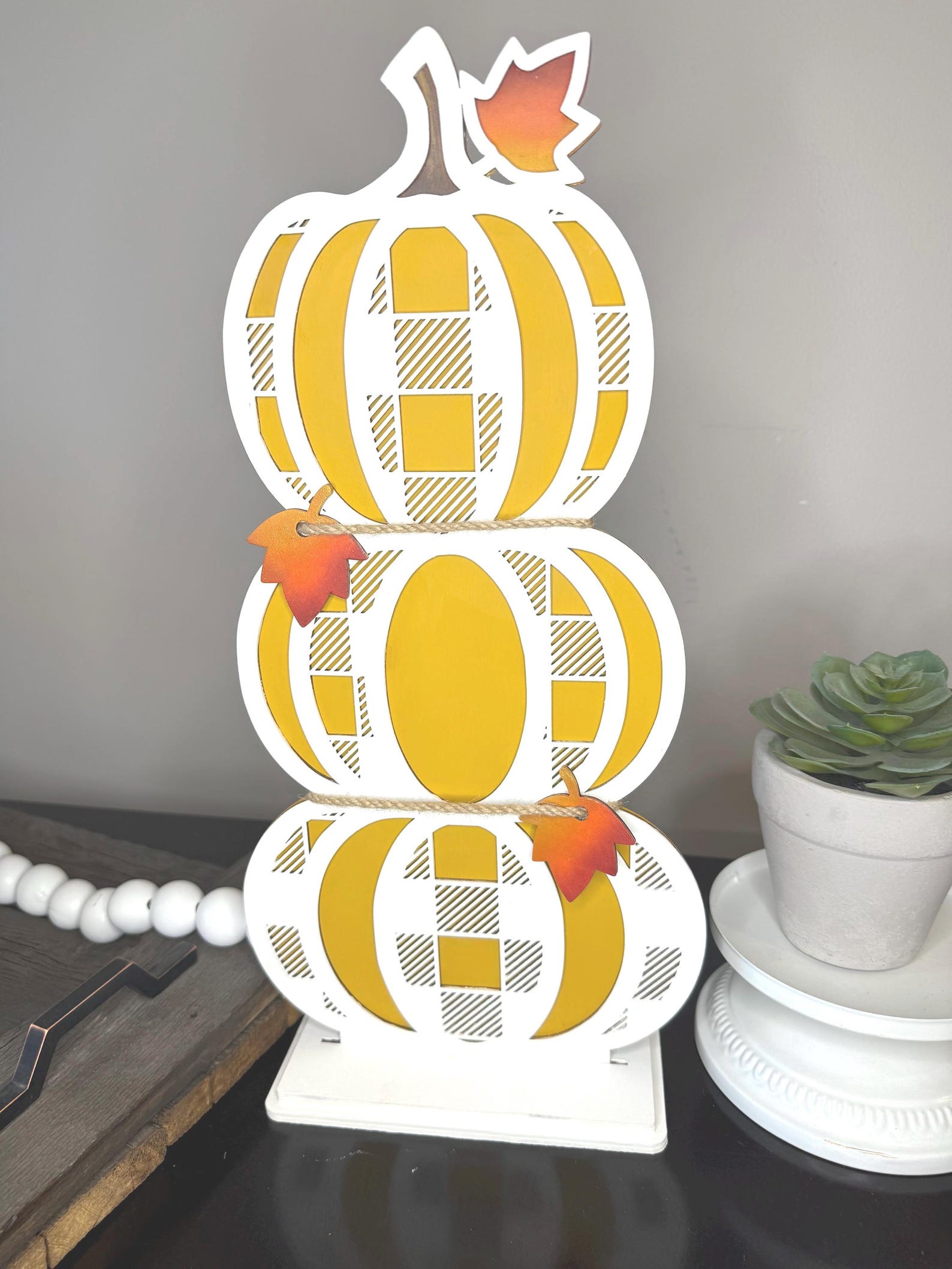 Mustard and White Stacked Pumpkin, Layered Stacked Pumpkin, Fall Decor ...