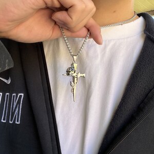 Y2k Grunge “cross and Rose” Pendant Silver Necklace - Etsy