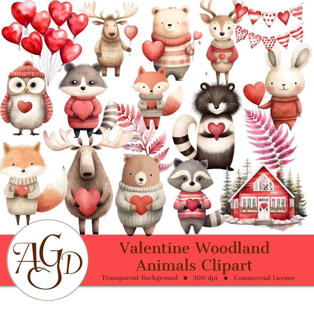 Valentine Woodland Animals Clipart, Clipart for Commercial Use, Nursery ...