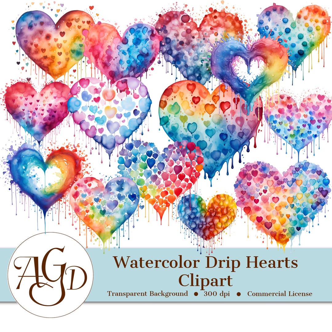 Watercolor Drip Hearts Clipart, Clipart for Commercial Use, Hearty ...