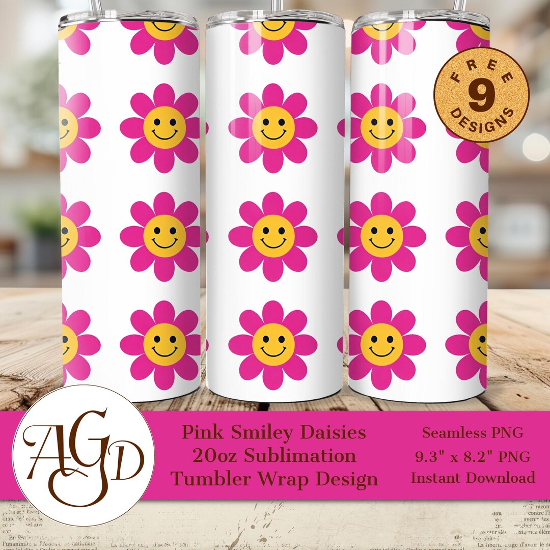 Pink Smiley Face Flower Tumbler Wrap PNG – 20oz Skinny Sublimation ...