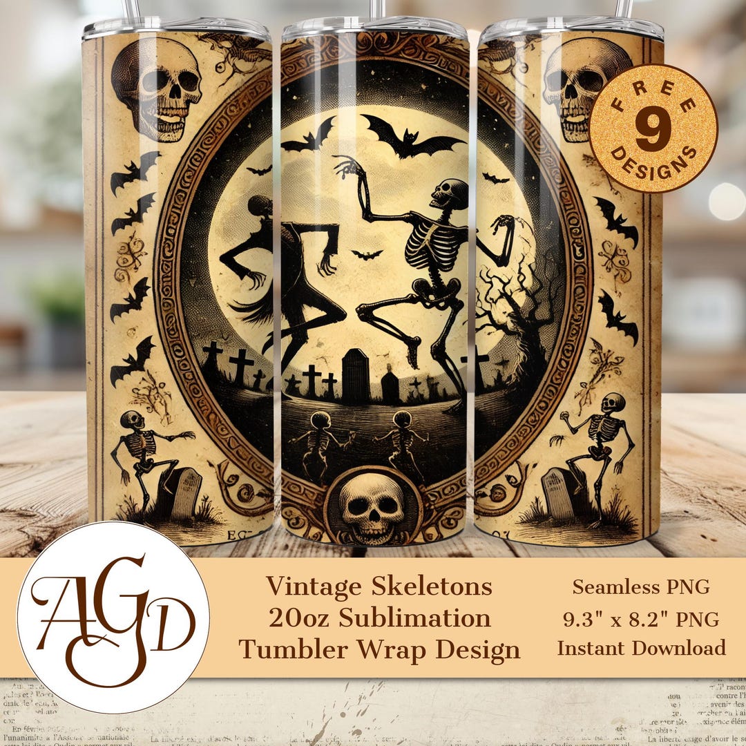 Vintage Halloween Skeletons Tumbler Wrap PNG | 20oz Skinny Sublimation ...