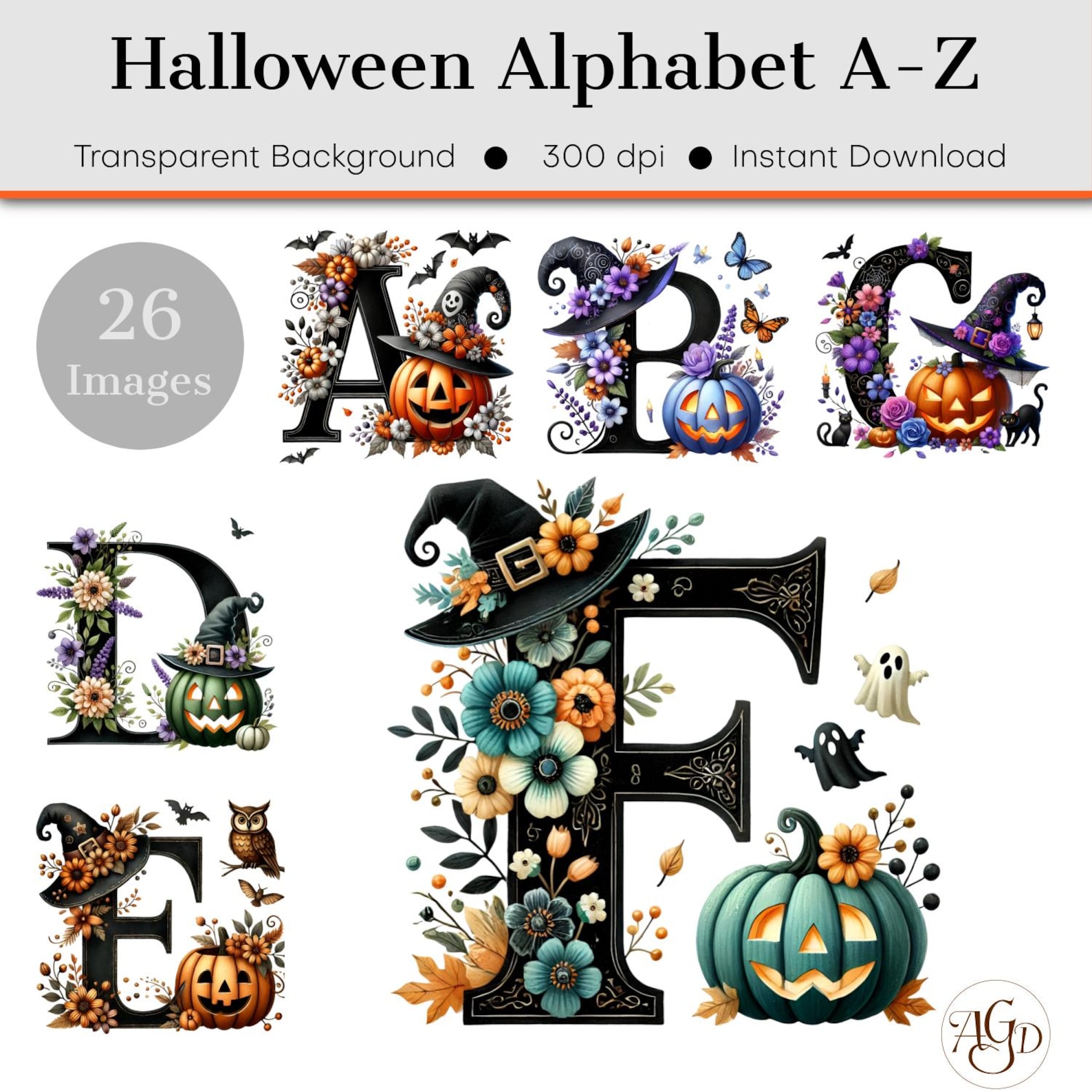Halloween Alphabet Letters A-Z Clipart, Png, Digital Download, Junk ...