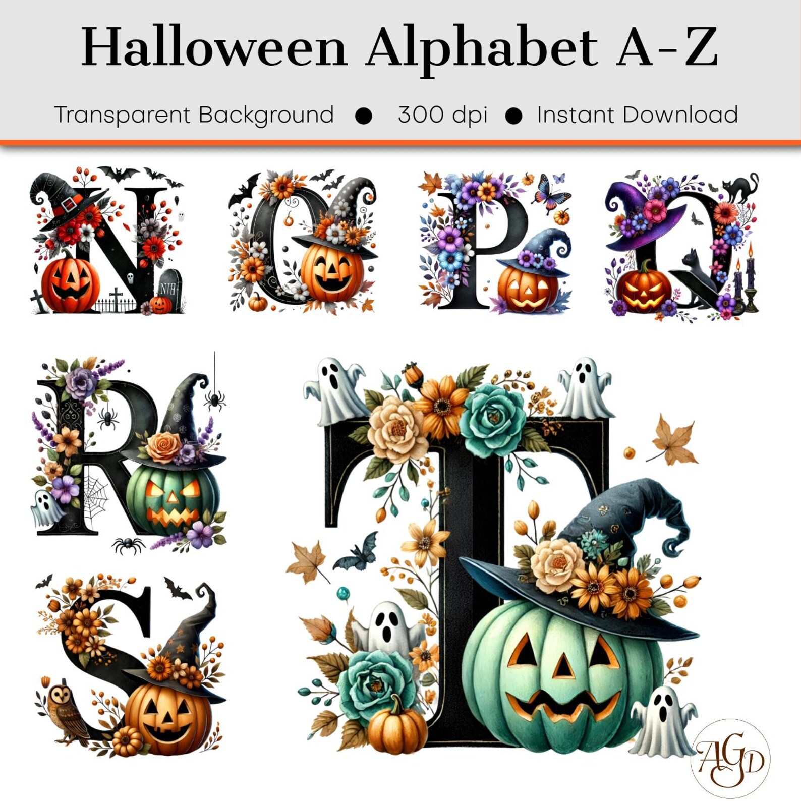 Halloween Alphabet Letters A-Z Clipart, Png, Digital Download, Junk ...