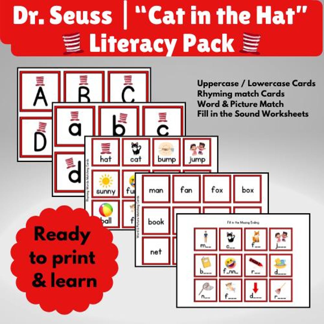Dr. Seuss "cat in the Hat" Literacy Learning Pack Bundle - Etsy