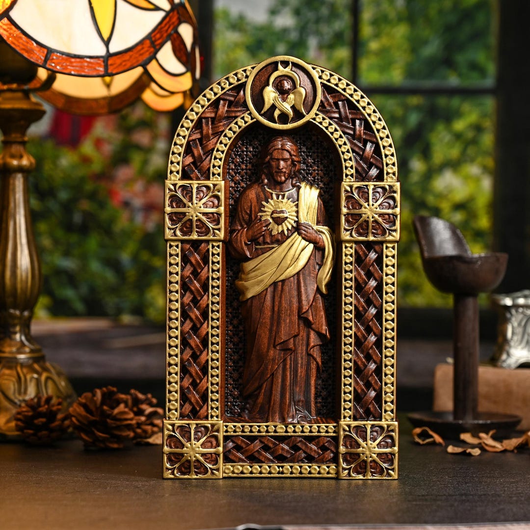 Hand-carved Sacred Heart of Jesus Wooden Wall Art Intricate Religious ...