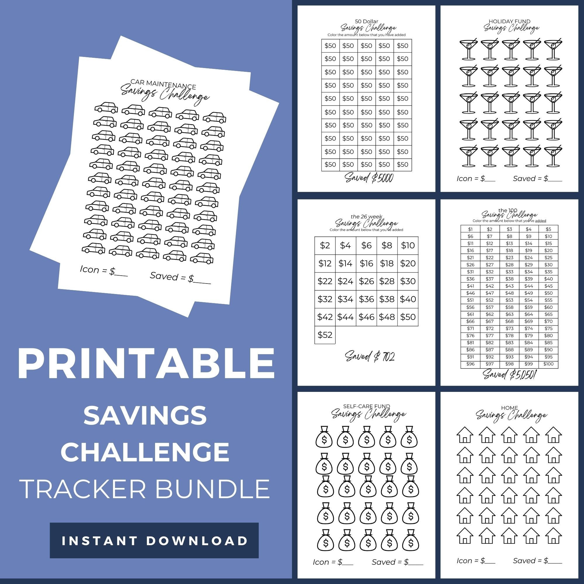 Savings Challenge Printable Tracker Bundle, Money Saving, Cash Savings ...