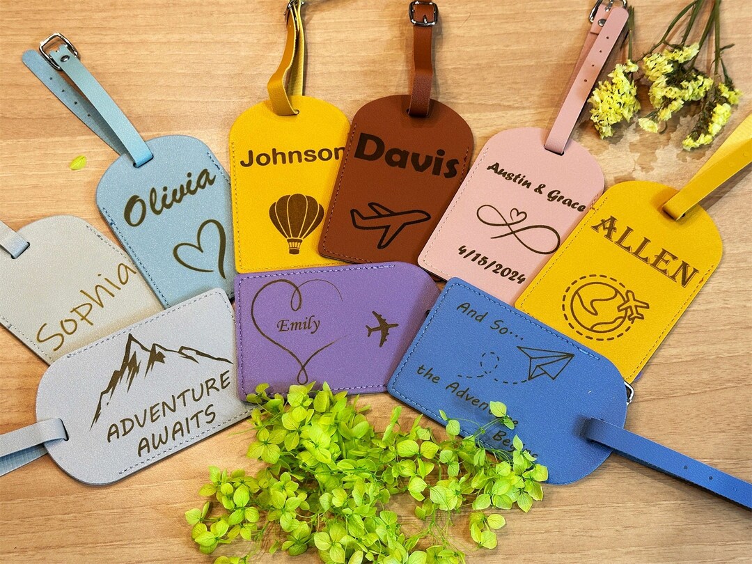 Set of 10 Custom Luggage Tag, Personalized Vegan Leather Luggage Tags, Engraved Monogram Luggage ...