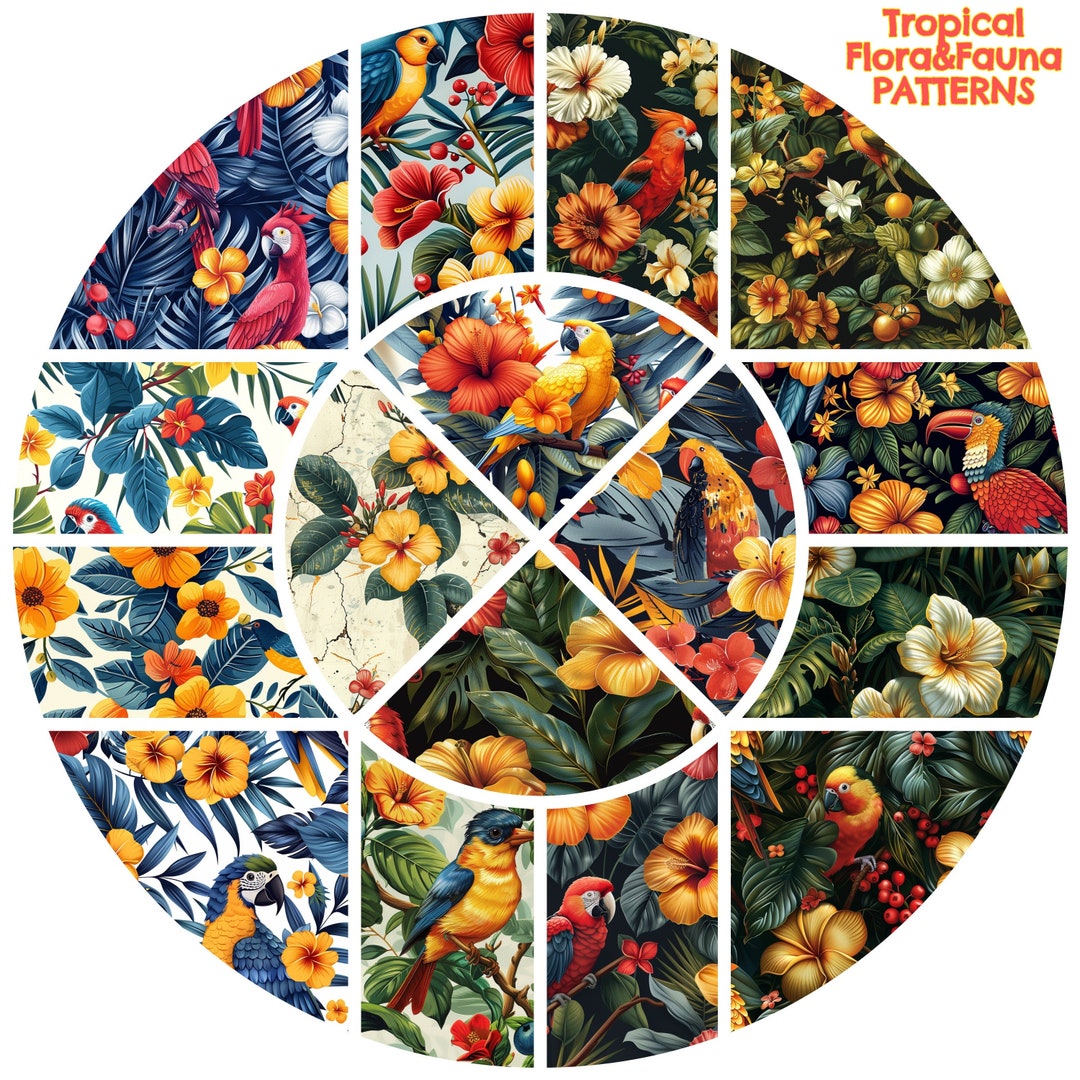 Tropical Flora and Fauna Pattern 52 OPTIONS Floral Seamless Digital ...