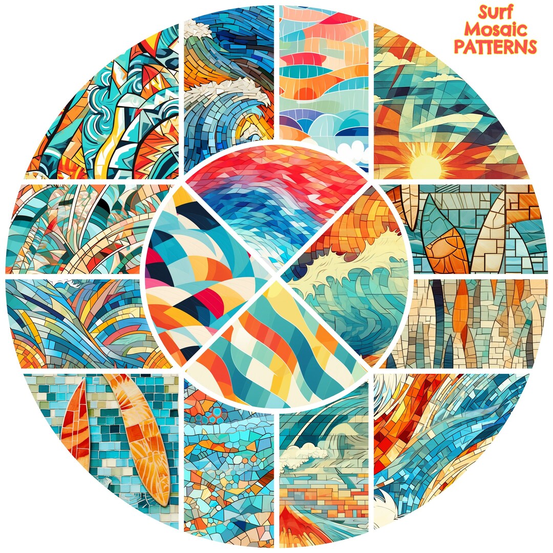 Surf Mosaic Pattern 20 OPTIONS Seamless Surf Art Surfer Design Waves ...