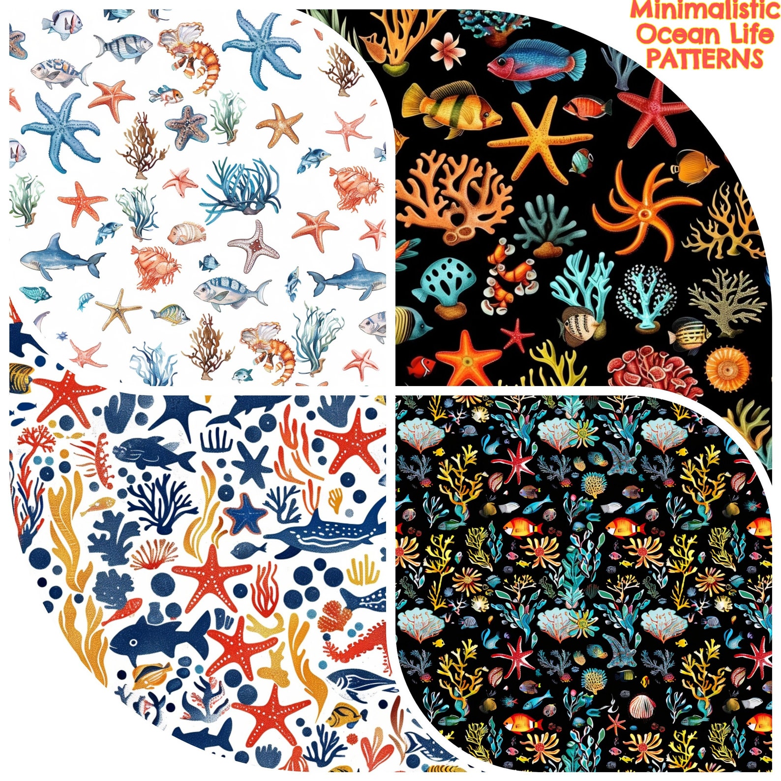 Minimalistic Ocean Pattern 20 OPTIONS Seamless Ocean Life Design Marine ...