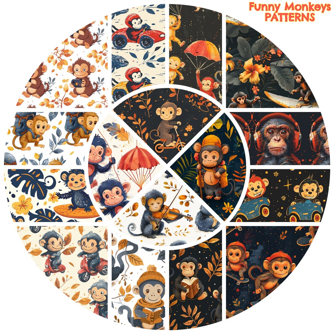 Monkeys Pattern 94 OPTIONS Seamless Digital Funny Monkeys Art Monkey ...