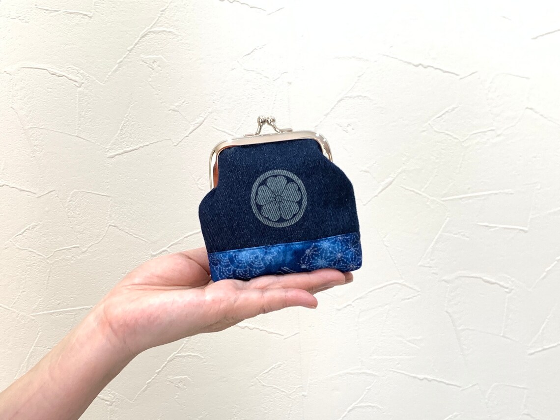 Japanese Gamaguchi, Metal Frame Coin Purse With Kamon, Japanese Kimono ...