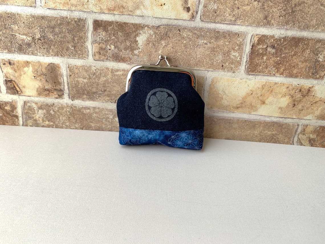 Japanese Gamaguchi, Metal Frame Coin Purse With Kamon, Japanese Kimono ...