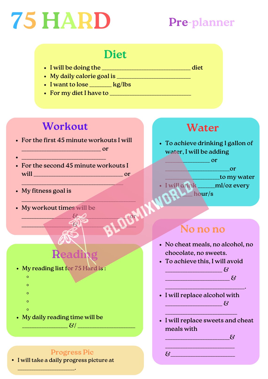 75 Hard Challenge Tracker Bundle, Daily 75 Hard Journal, Tracker Colour ...