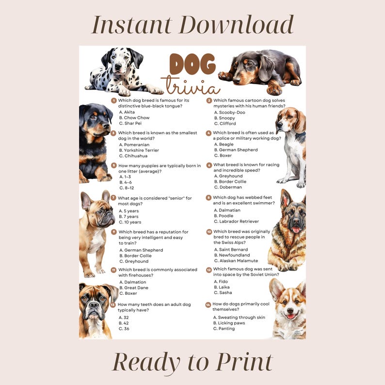 Dog Trivia Game, Printable Dog Party Game for Adults & Kids, Puppy ...