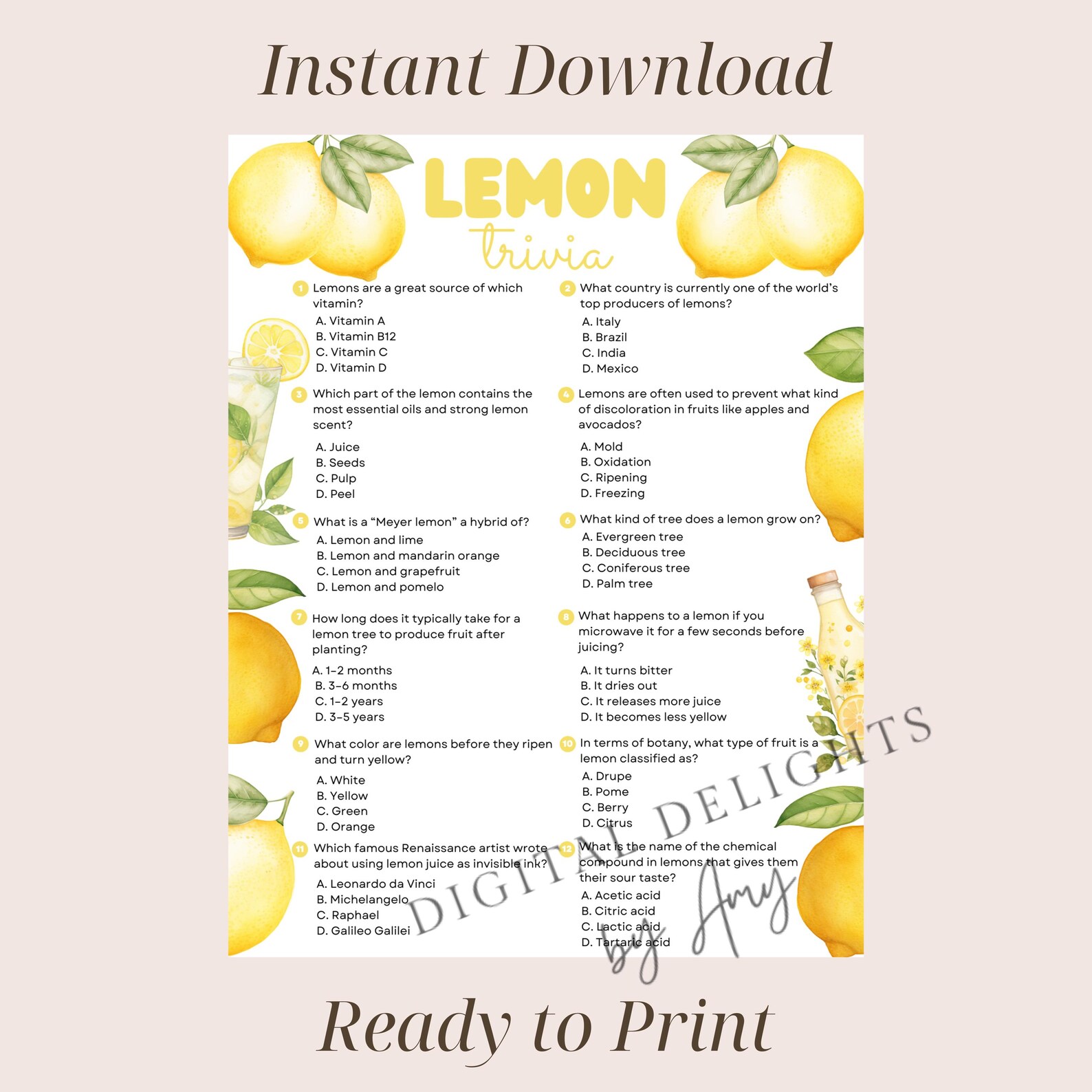 Lemon Trivia Game, Printable Lemon Pie Game for Kids & Adults, Lemon ...