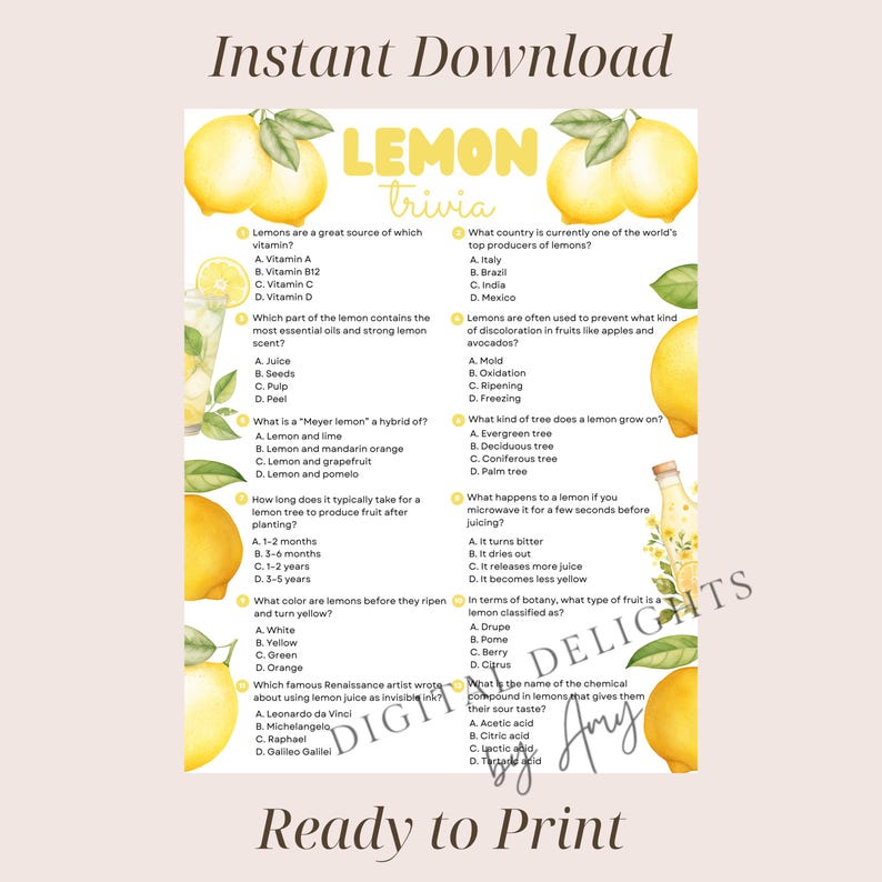 Lemon Trivia Game, Printable Lemon Pie Game for Kids & Adults, Lemon ...