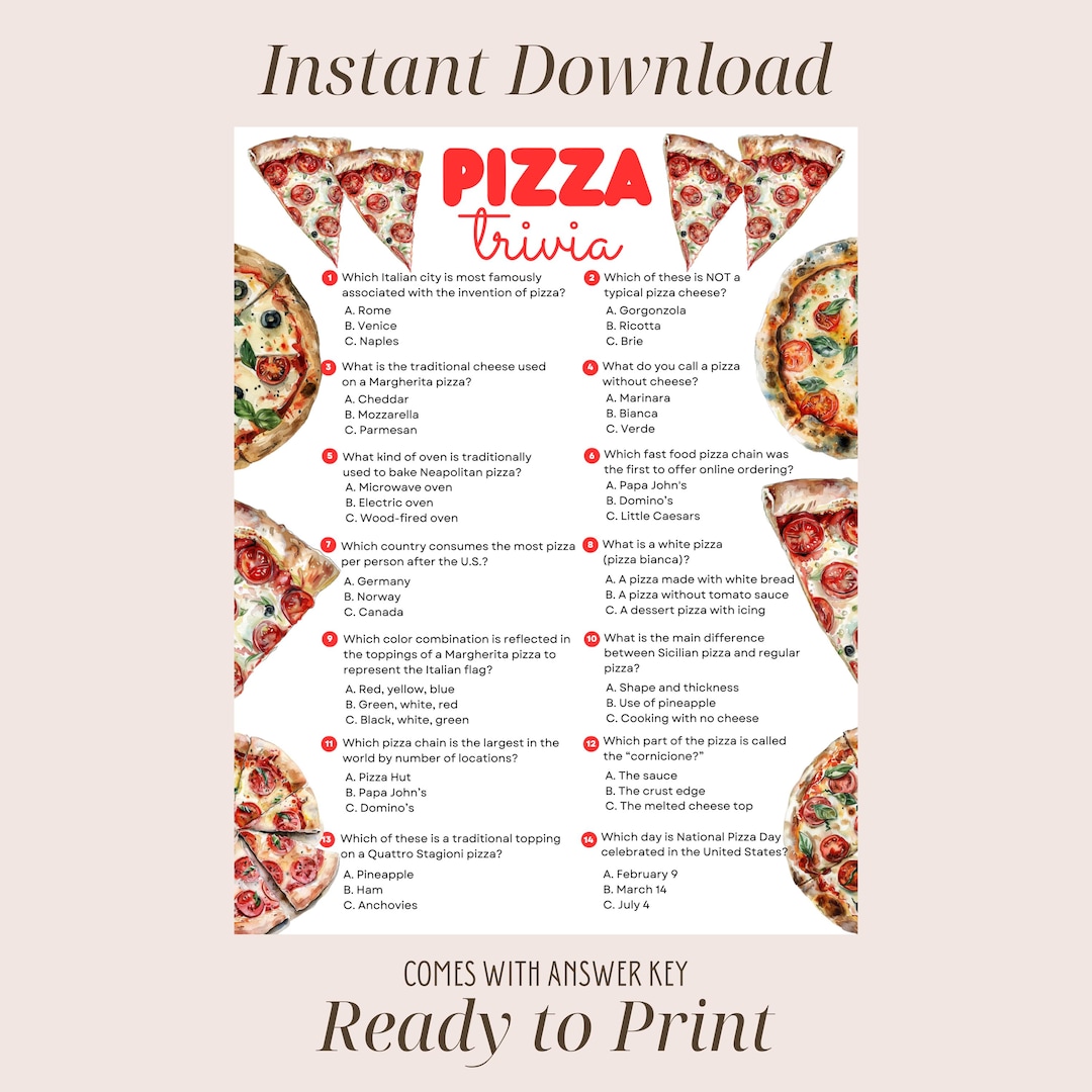 Pizza Trivia Game, Printable Pizza Party Game for Adults & Kids, Pizza ...