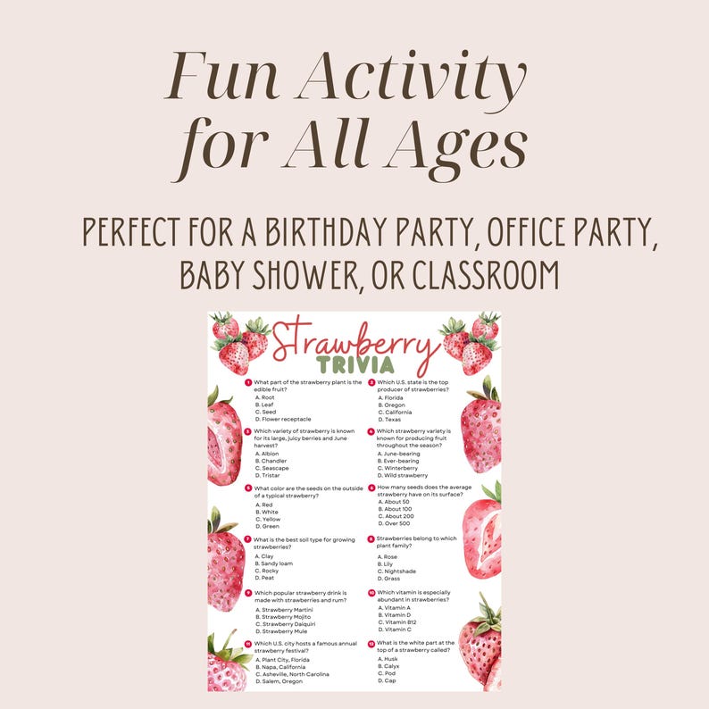 Strawberry Trivia Game, Printable Strawberries Trivia, Strawberry ...