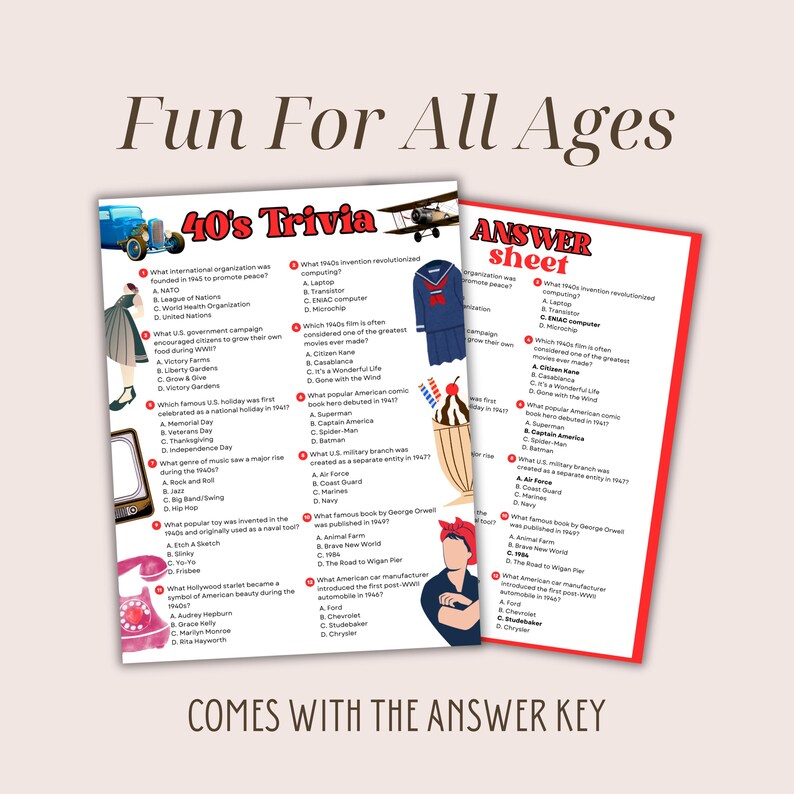 1940's Trivia Game, Printable Trivia Questions, 1940s Themed Party ...