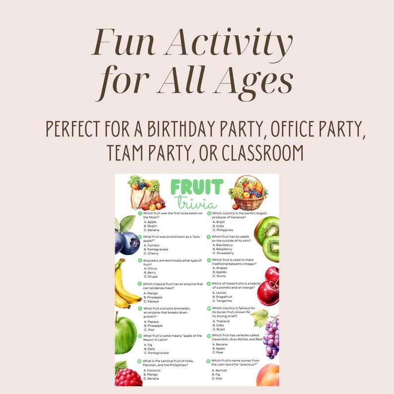 Fruit Trivia Game, Printable Fruit Party Game for Adults & Kids, Fruit ...