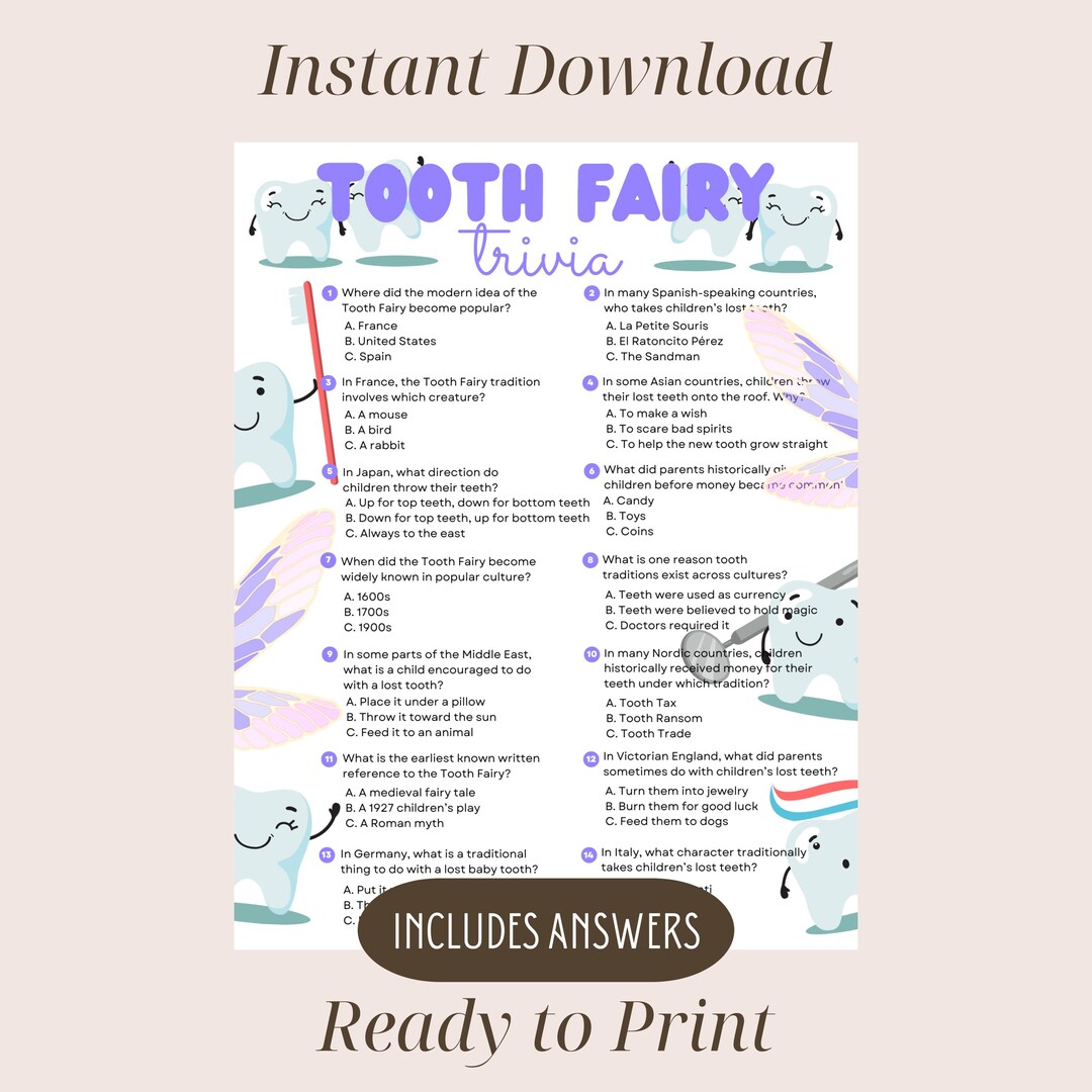 Tooth Fairy Trivia Game, Printable Dental Team Party Game for Adults ...