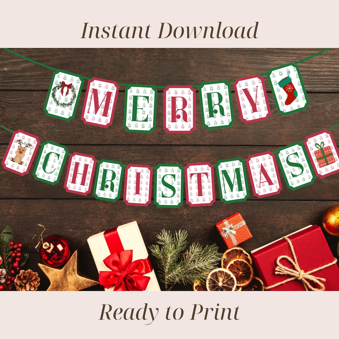 Merry Christmas Banner Printable Digital Download, Red and Green ...