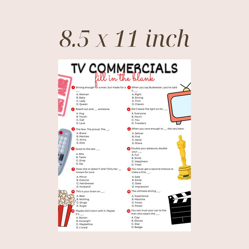 TV Commercial Trivia Game, Ad Slogan Fill in the Blank Quiz, Printable ...