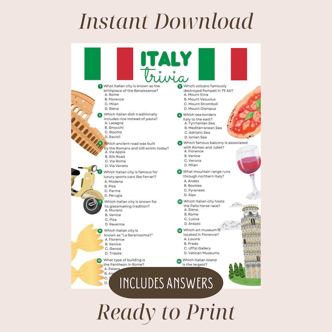 Italy Trivia Game, Italian Themed Activity, Italy Travel Games (digital ...
