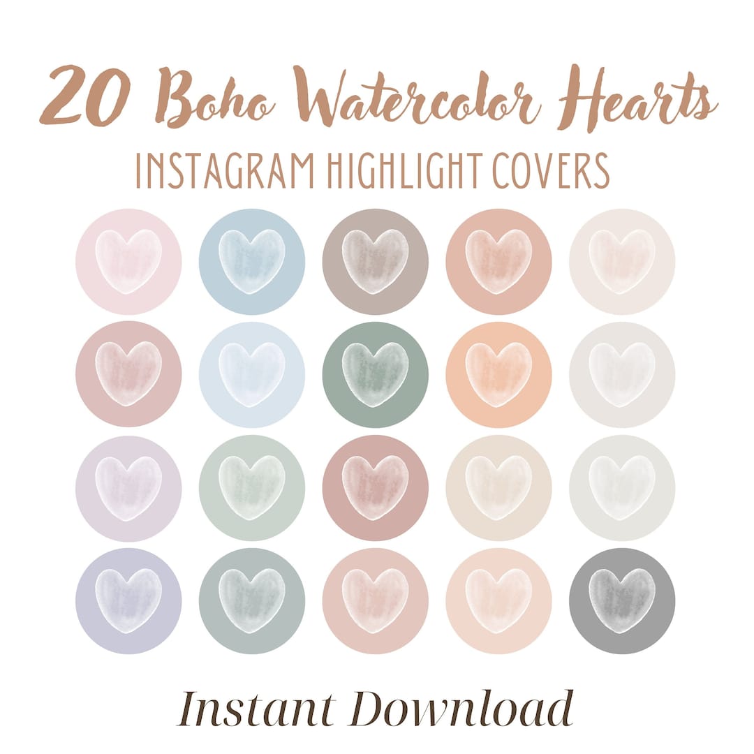 20 Boho Instagram Highlight Covers, Watercolor Hearts IG Story Icons ...