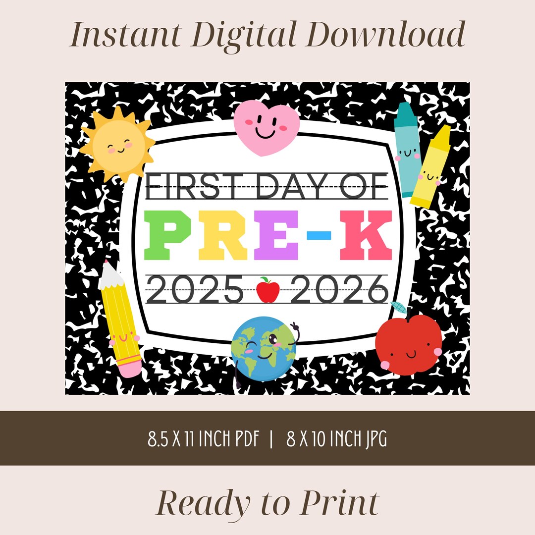 First Day of Pre-k Sign, Back to School Printable, Composition Notebook ...