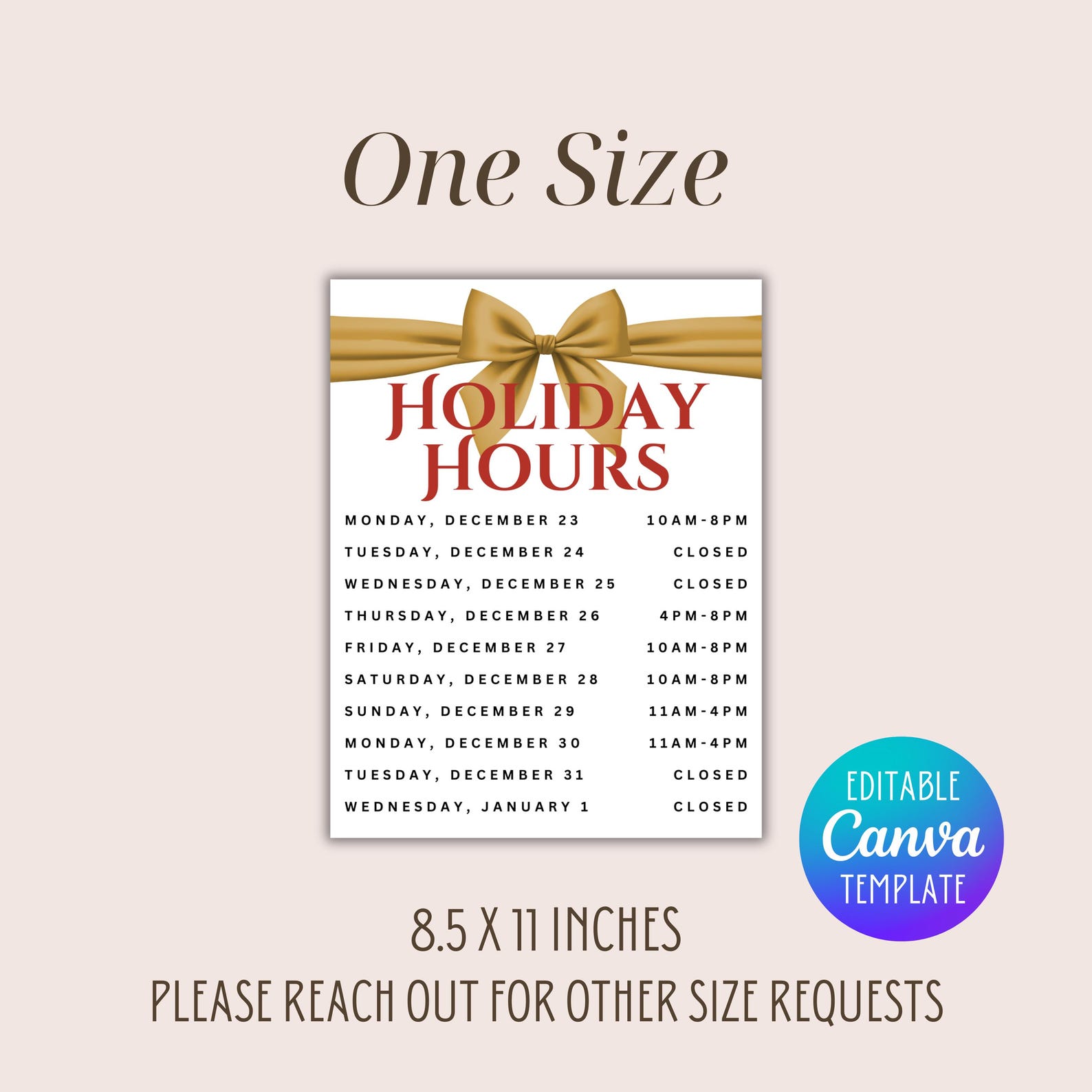 Holiday Hours Printable Sign, Business Holiday Closure Notice, Business ...