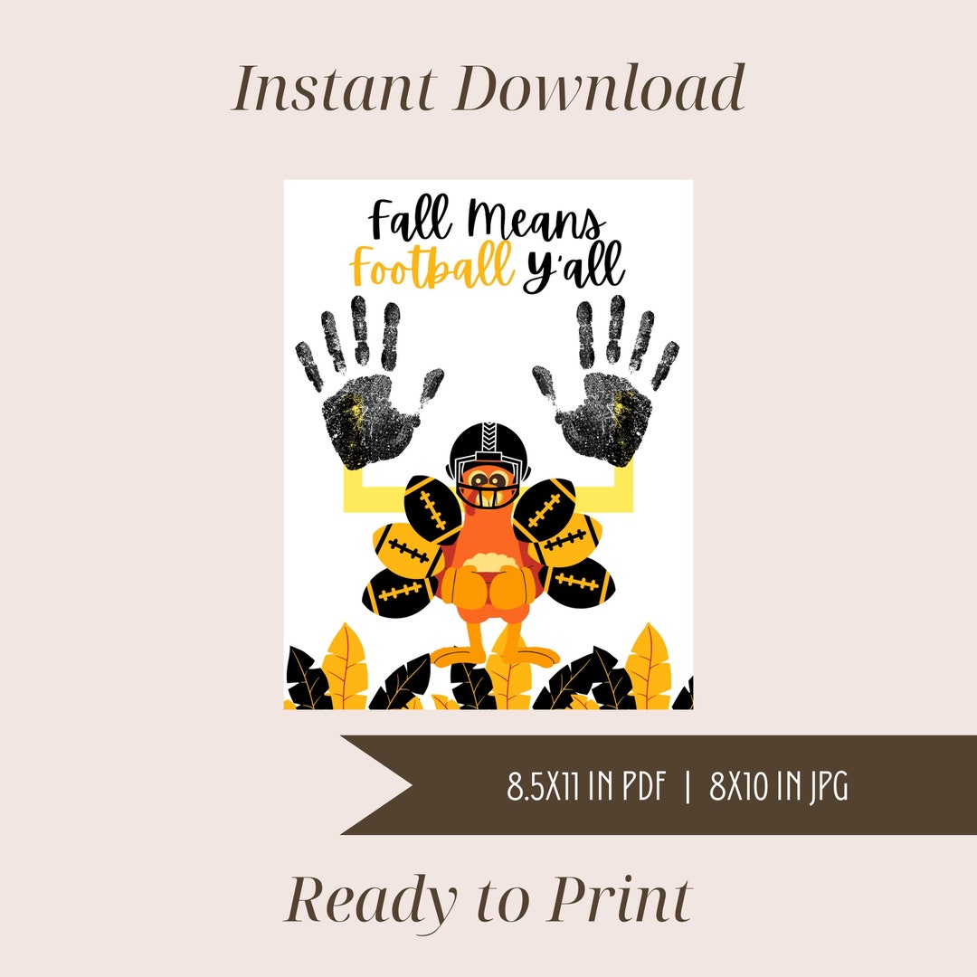 Fall Football Handprint Art, Black and Yellow Turkey Football Handprint ...