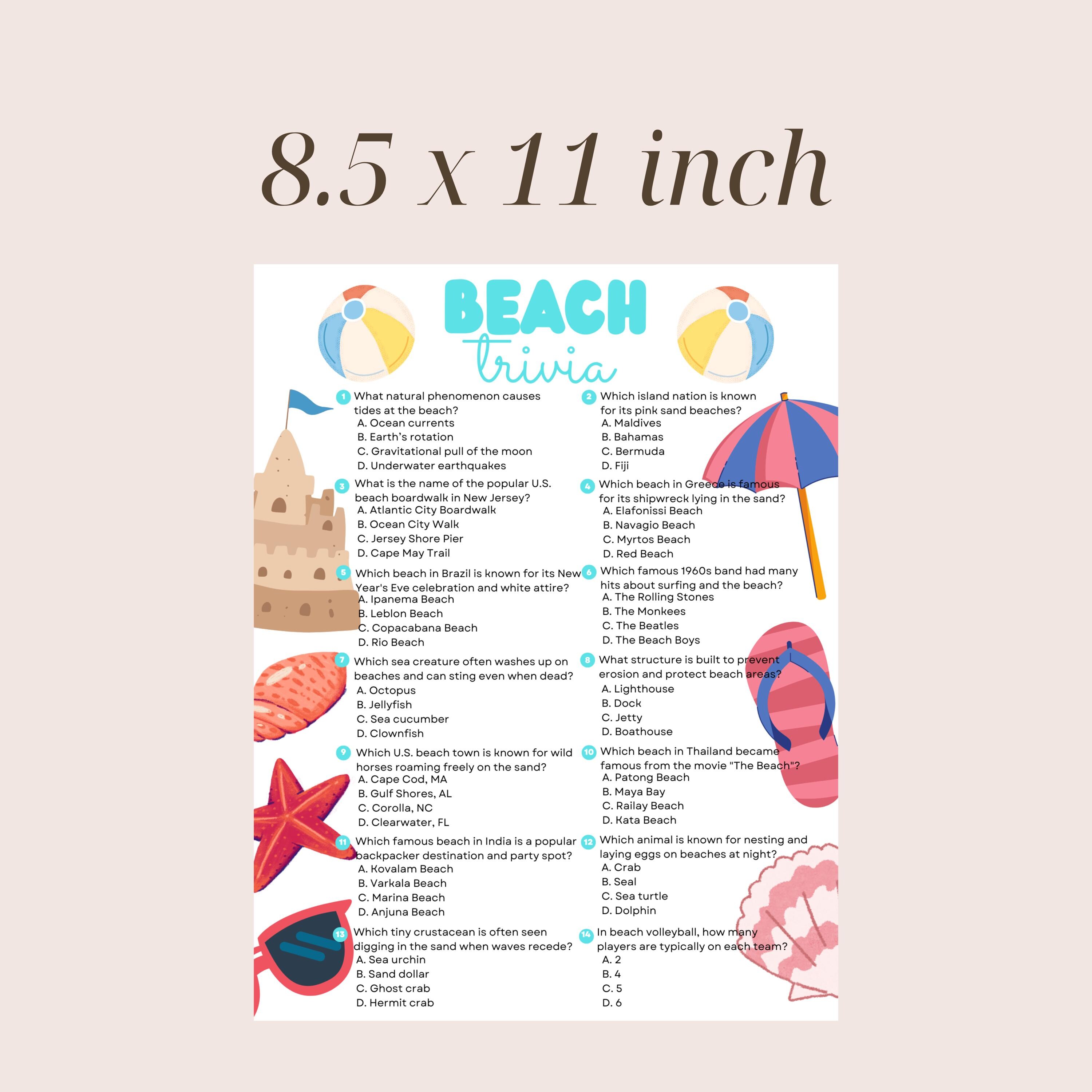 Beach Trivia Game, Printable Summer Party Trivia, Ocean Themed Fun ...