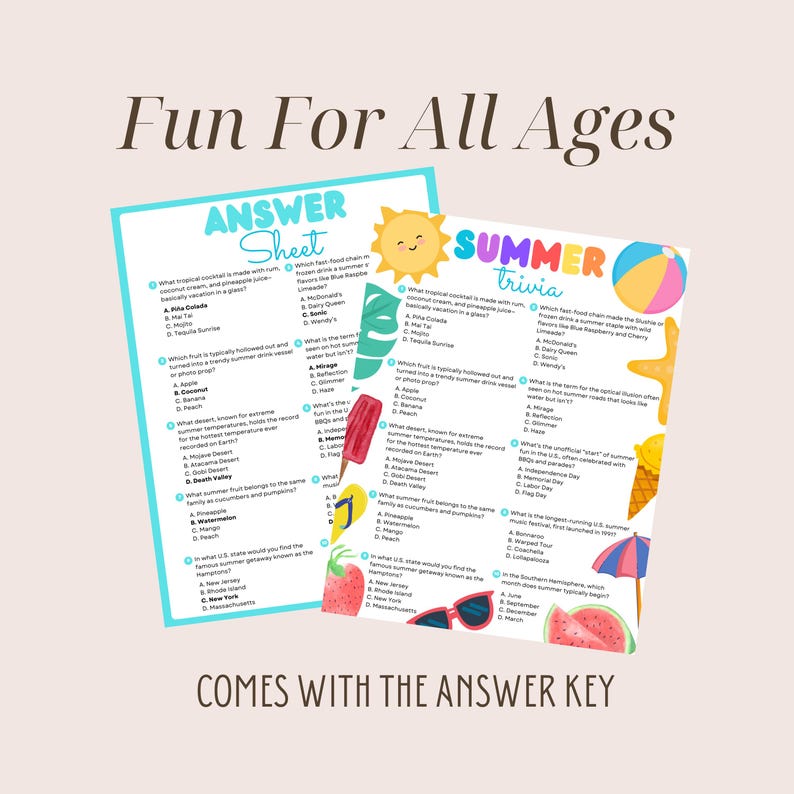Summer Trivia Game, Summer Party Game, July 4th Family Game, Summertime ...