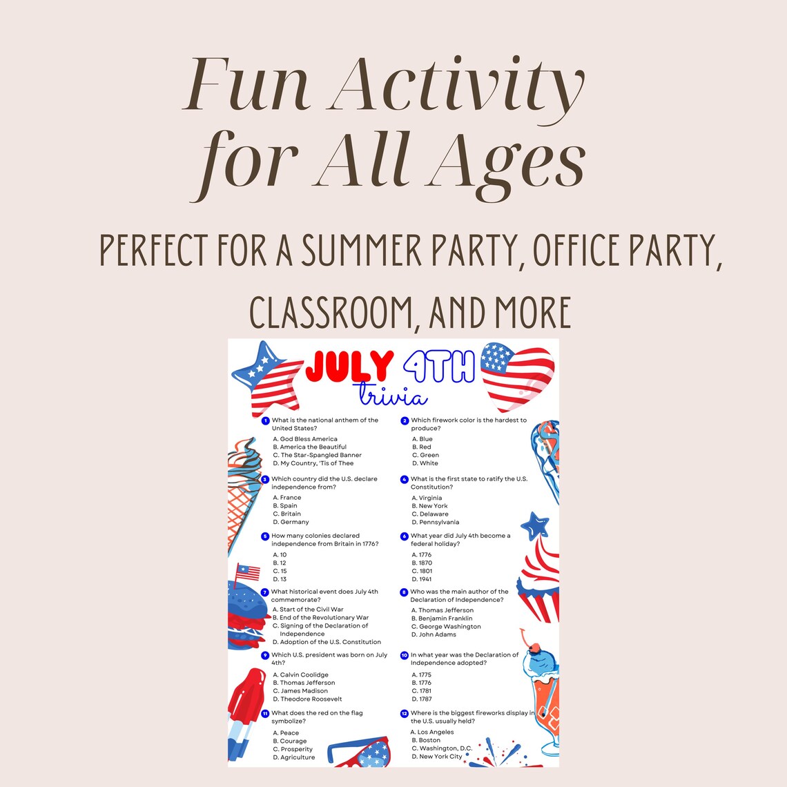 4th of July Trivia, July 4th Trivia, Patriotic Game, Independence Day ...