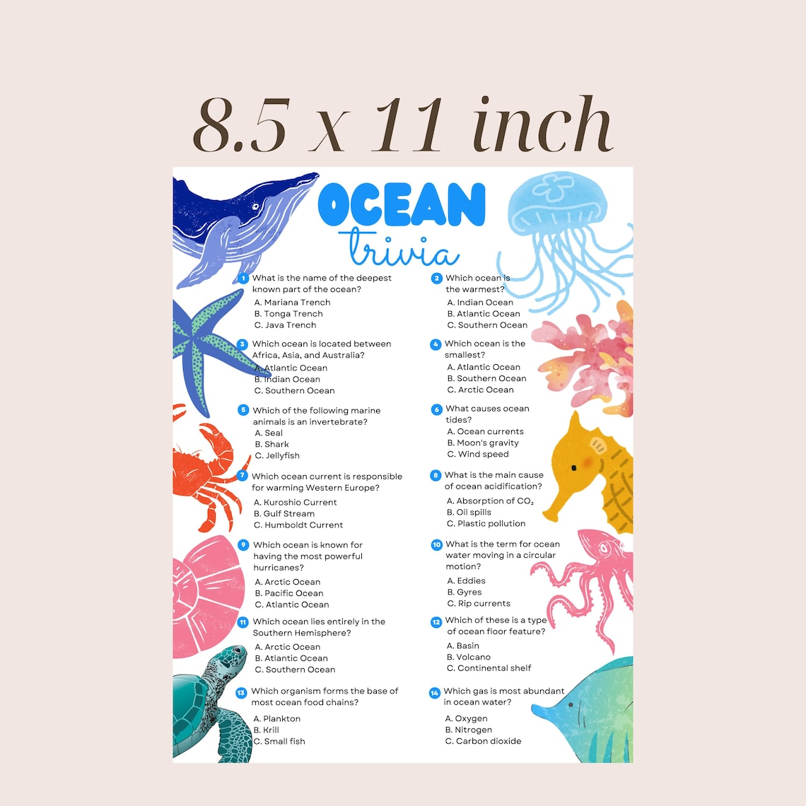 Ocean Trivia Game, Printable Sea Life Quiz, Ocean Theme Game, Marine ...