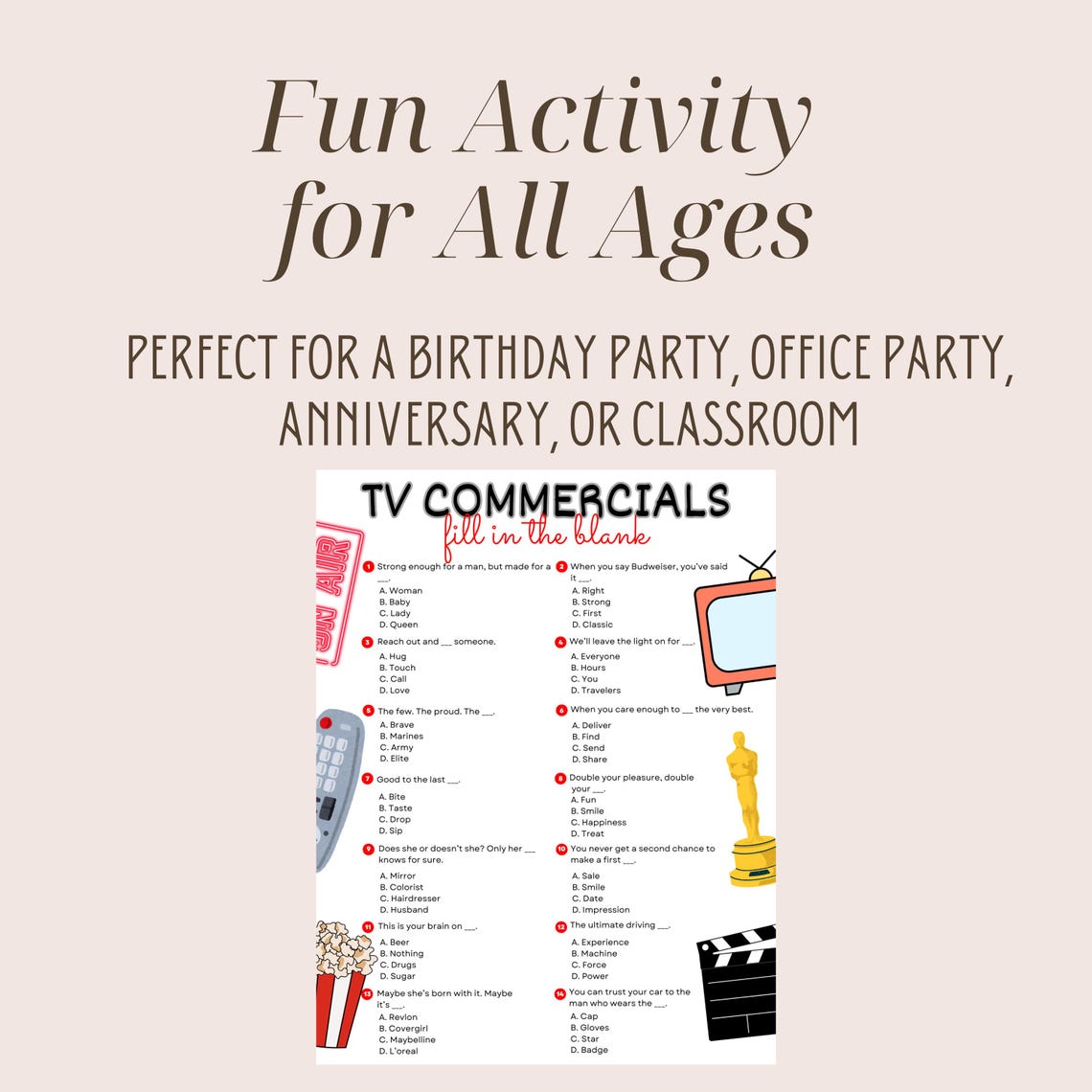 TV Commercial Trivia Game, Ad Slogan Fill in the Blank Quiz, Printable ...