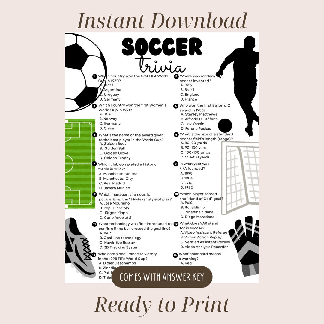 Soccer Trivia Game, Printable Soccer Party Game for Adults & Kids ...