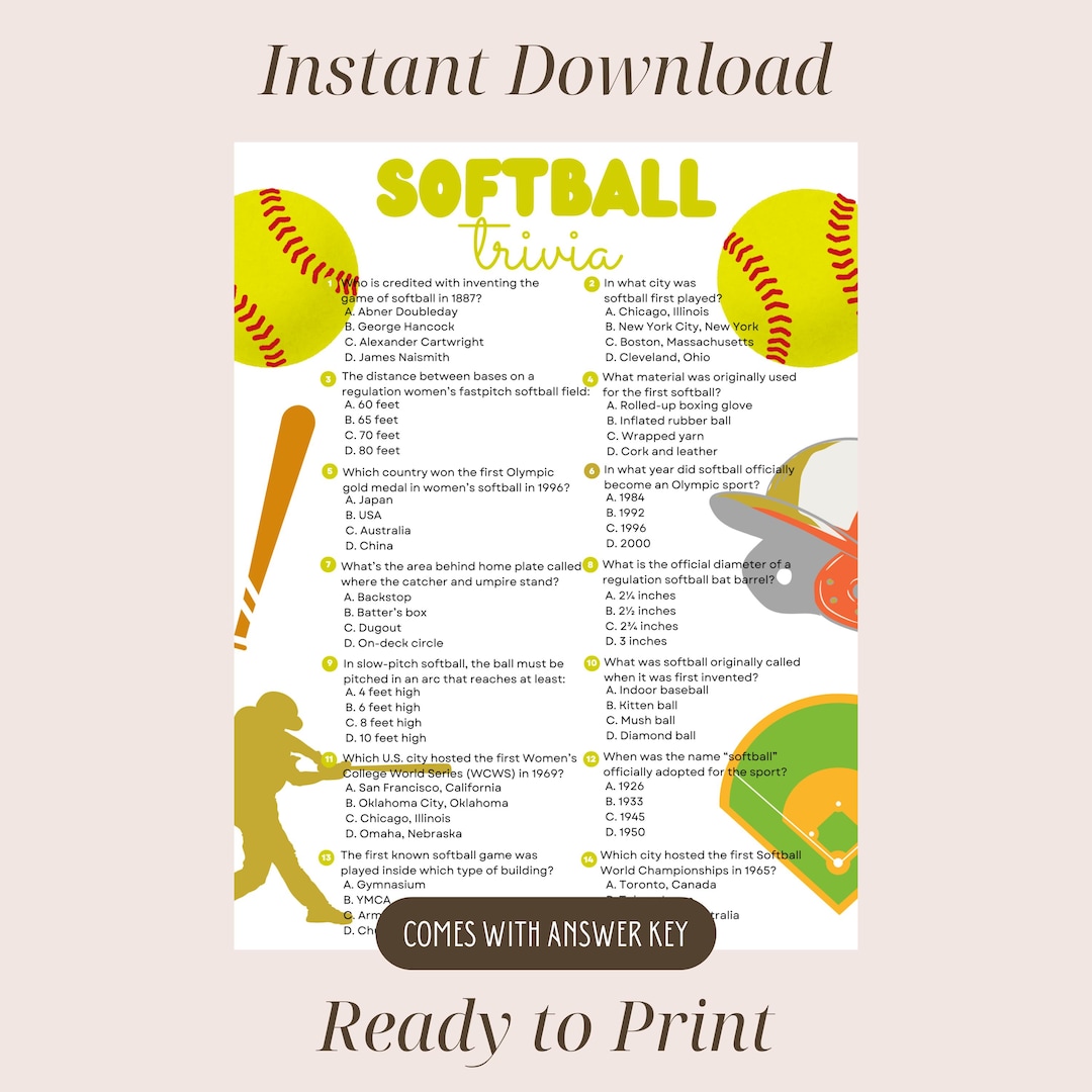 Softball Trivia Party Game for Adults & Kids, Sport Theme Digital ...