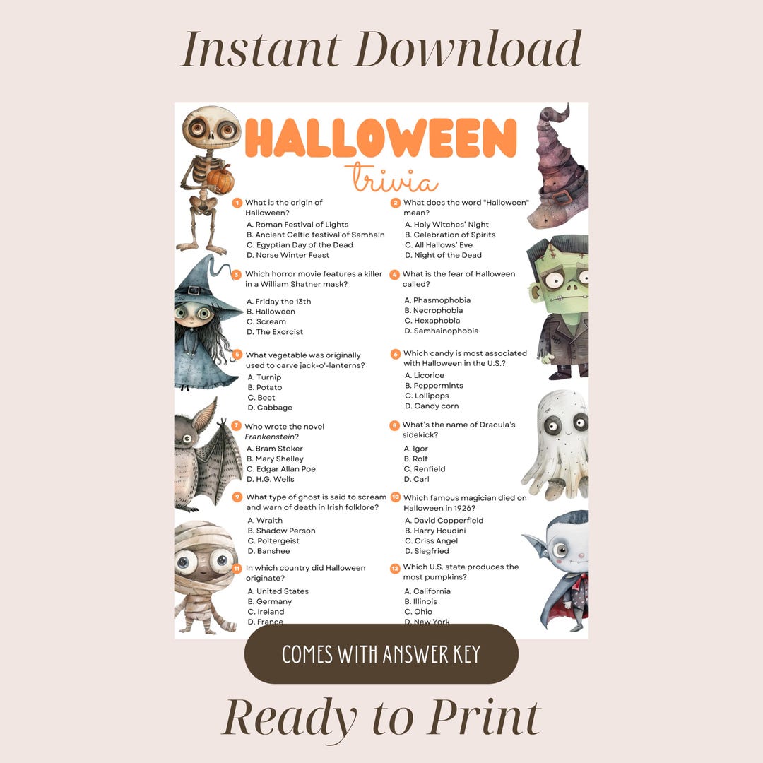 Halloween Trivia Game, Printable Halloween Party Trivia, Fall Themed ...
